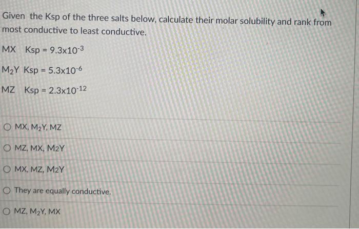 Solved Given the Ksp of the three salts below, calculate | Chegg.com