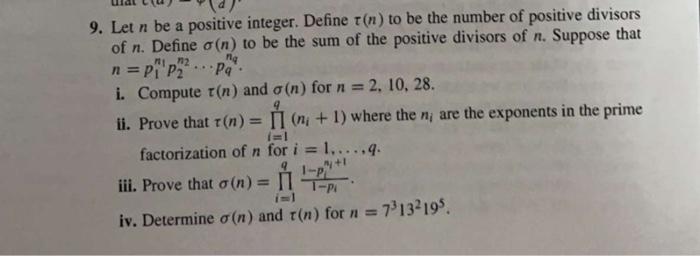 Solved 9. Let n be a positive integer. Define τ(n) to be the | Chegg.com