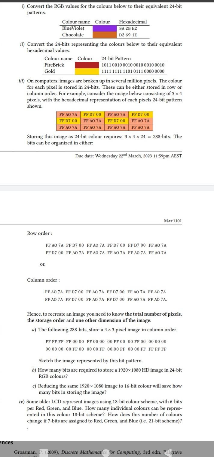 Solved i) Convert the RGB values for the colours below to | Chegg.com