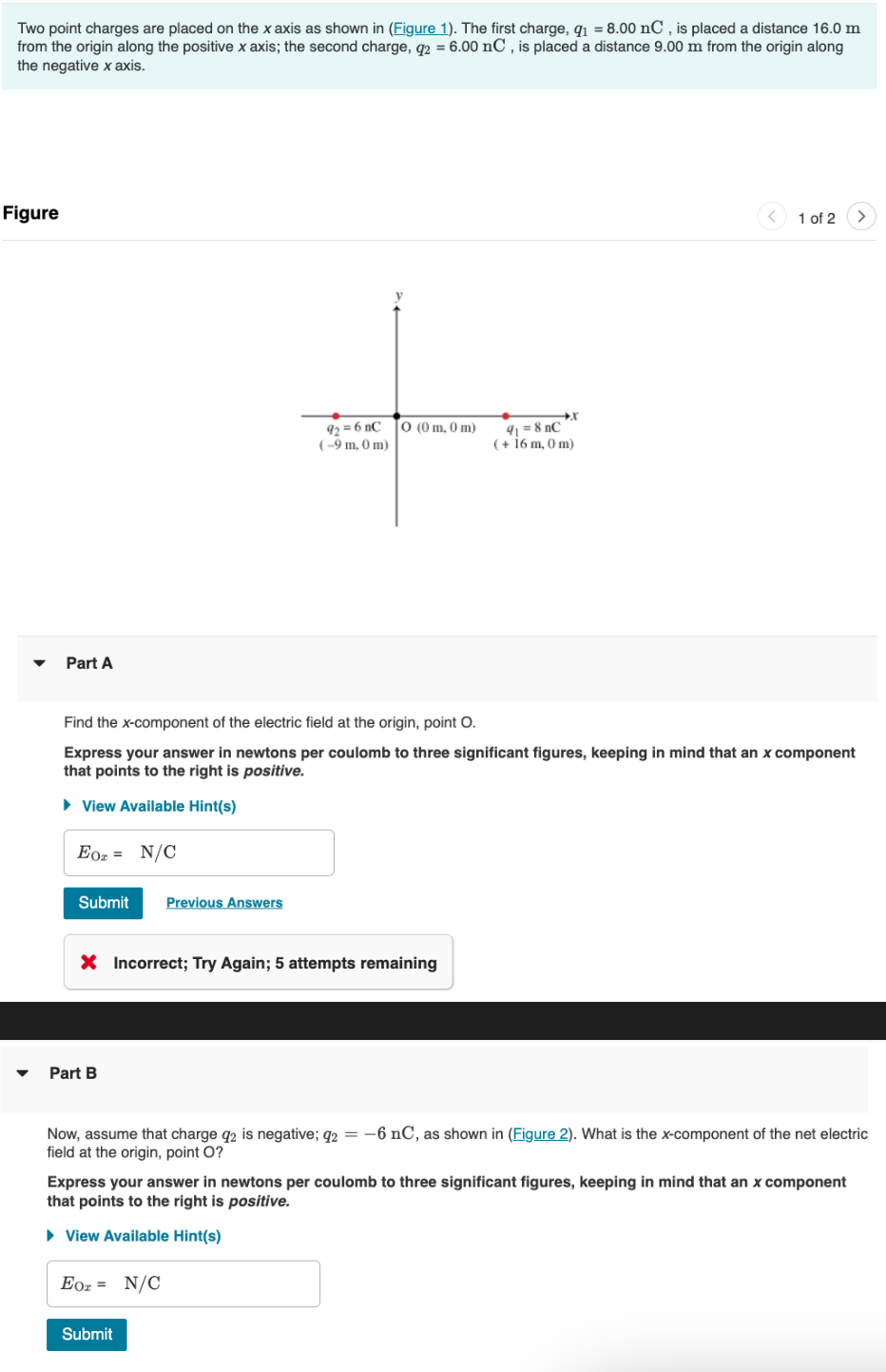 Solved Two point charges are placed on the x ﻿axis as shown | Chegg.com