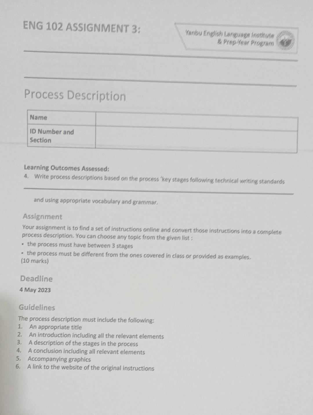 Process Description Learning Outcomes Assessed: 4. | Chegg.com