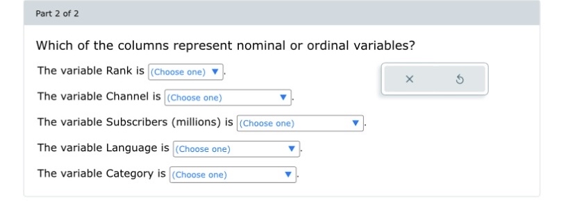 Part 2 ﻿of 2Which of the columns represent nominal or | Chegg.com
