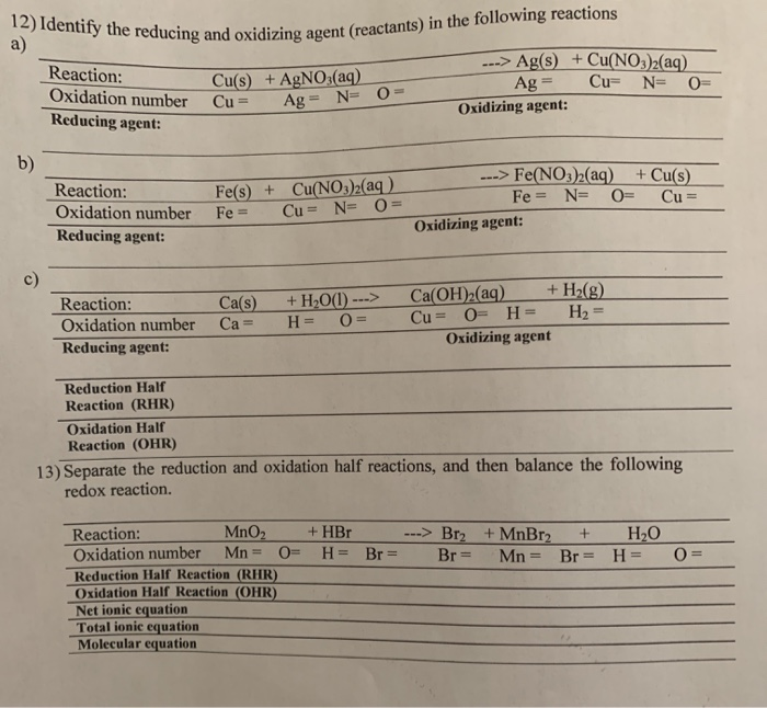 Solved 12) Identify the reducing and oxidizing agent | Chegg.com