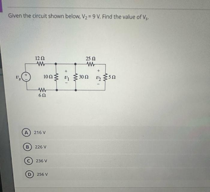 Solved Given the circuit shown below, V2=9 V. Find the value | Chegg.com