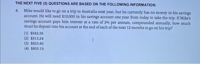 Solved THE NEXT FIVE (5) QUESTIONS ARE BASED ON THE | Chegg.com