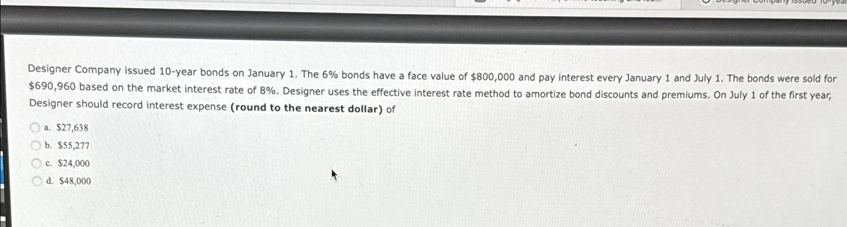 Solved Designer Company issued 10 -year bonds on January 1 . | Chegg.com