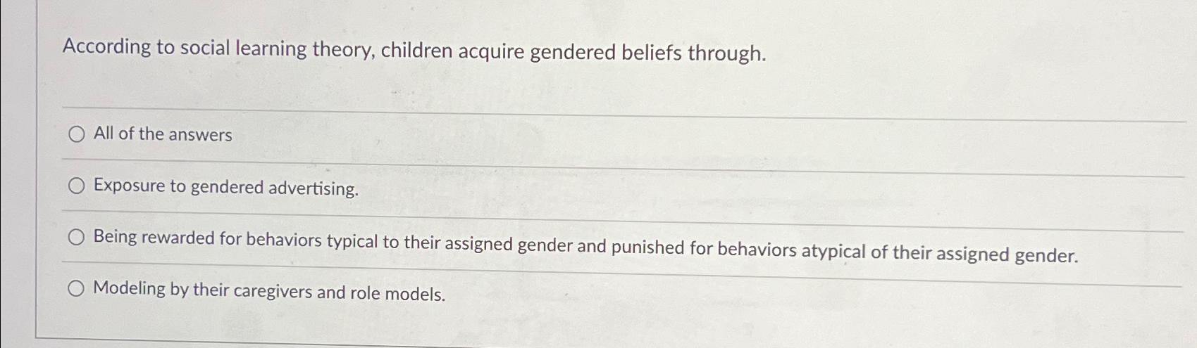 Solved According to social learning theory, children acquire | Chegg.com