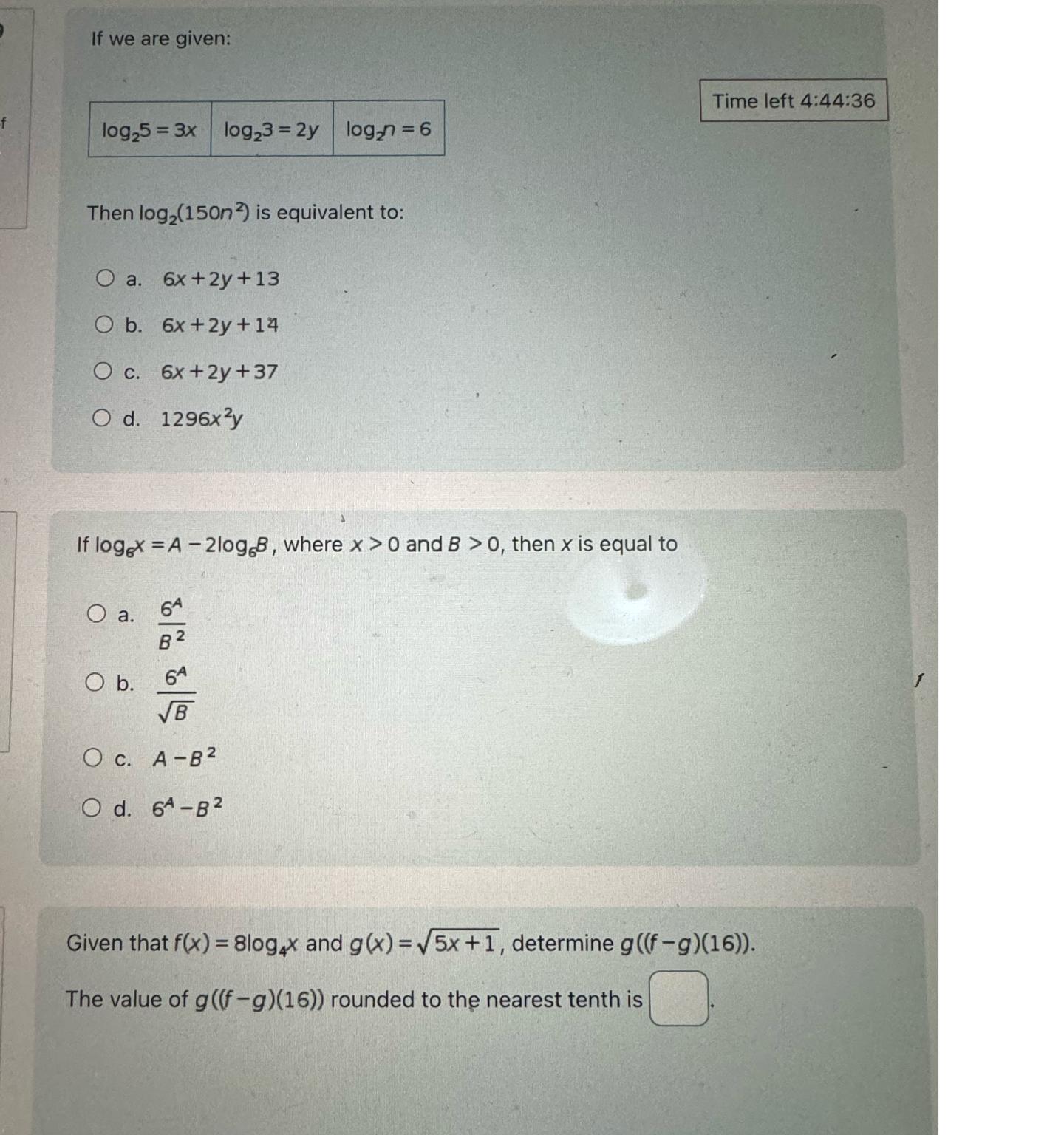 Solved If we are given:\table[[log25=3x,log23=2y,log2n=6 | Chegg.com