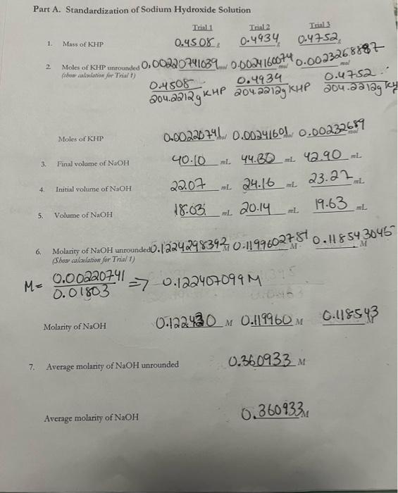 Solved Part A. Standardization of Sodium Hydroxide Solution | Chegg.com