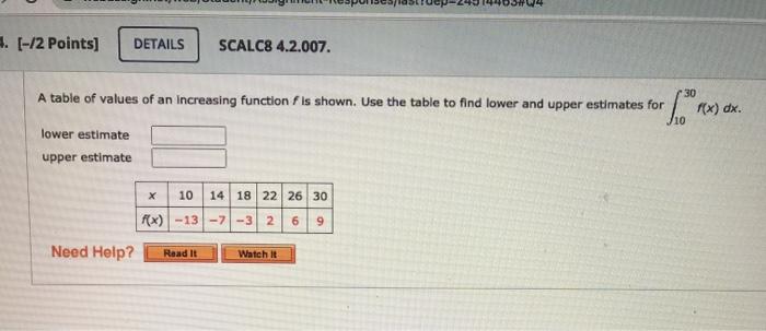 Solved #. [-12 Points] DETAILS SCALC8 4.2.007. 30 A table of | Chegg.com