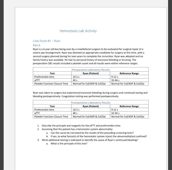 Solved Hemostasis Lab Activity Case Study #1 - Ryan Part A | Chegg.com