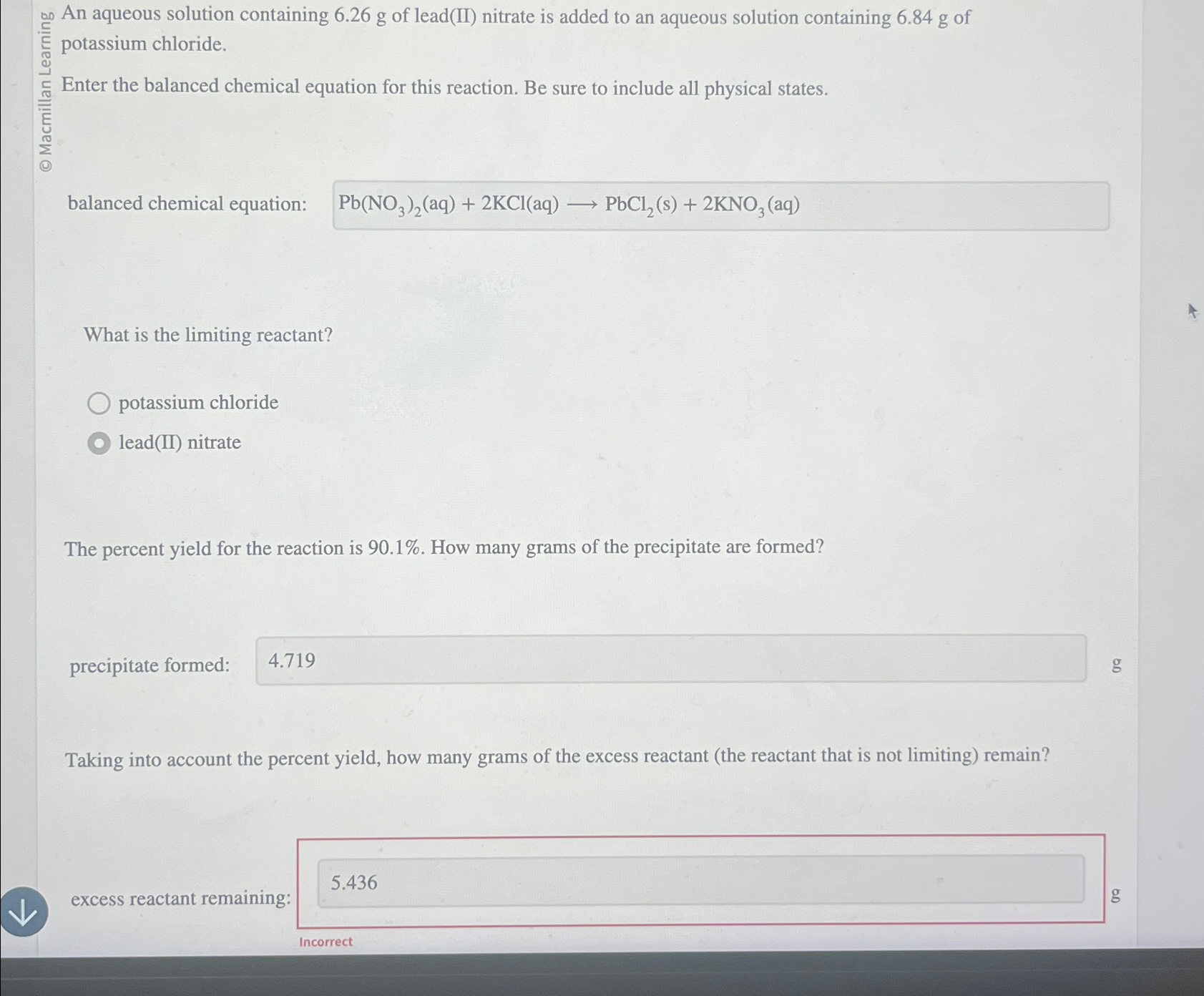 Solved An aqueous solution containing 6.26g ﻿of lead(II) | Chegg.com