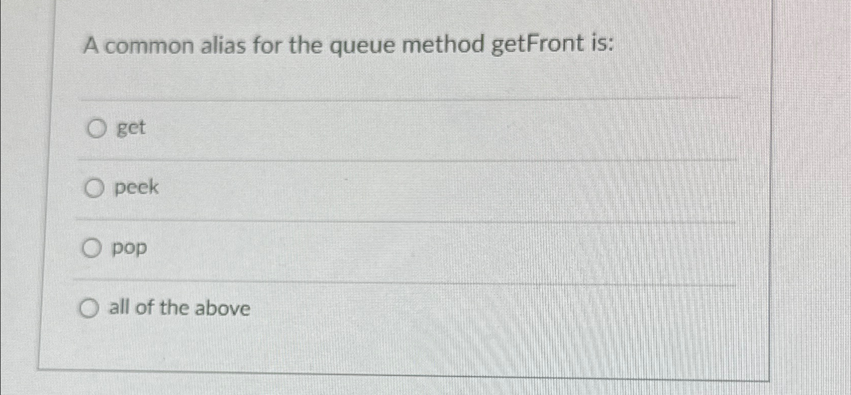 Solved A common alias for the queue method getFront | Chegg.com
