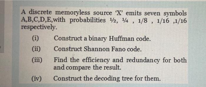 Solved A discrete memoryless source 'X' emits seven symbols | Chegg.com