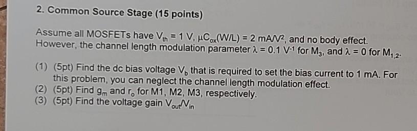 Solved 2. Common Source Stage (15 points) Assume all MOSFETs | Chegg.com