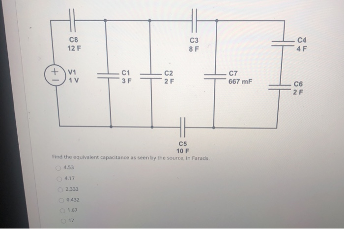 Solved C8 12 F C3 8 F C4 4F + V1 1 V C1 3 F C2 2 F C7 667 m | Chegg.com