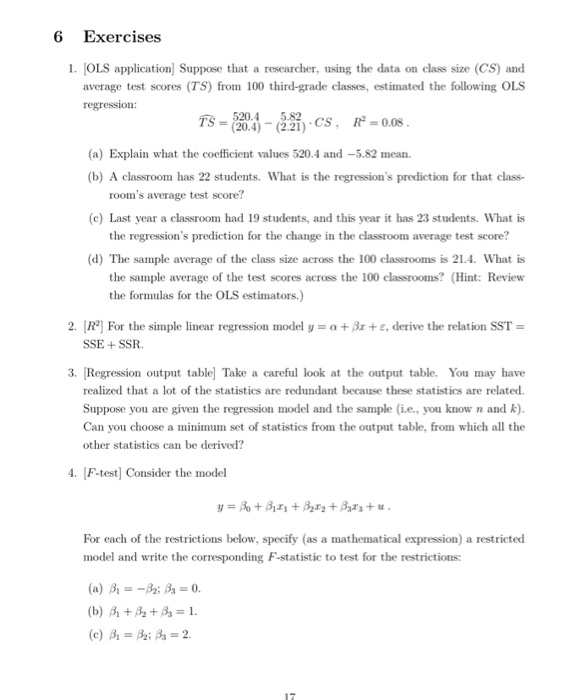Solved 6 Exercises 1. OLS application Suppose that a | Chegg.com