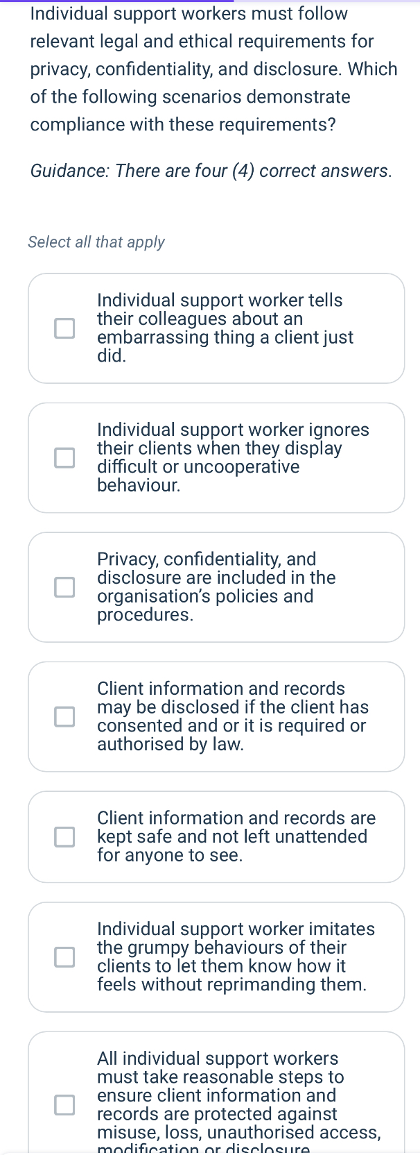 Solved Individual support workers must follow relevant legal | Chegg.com