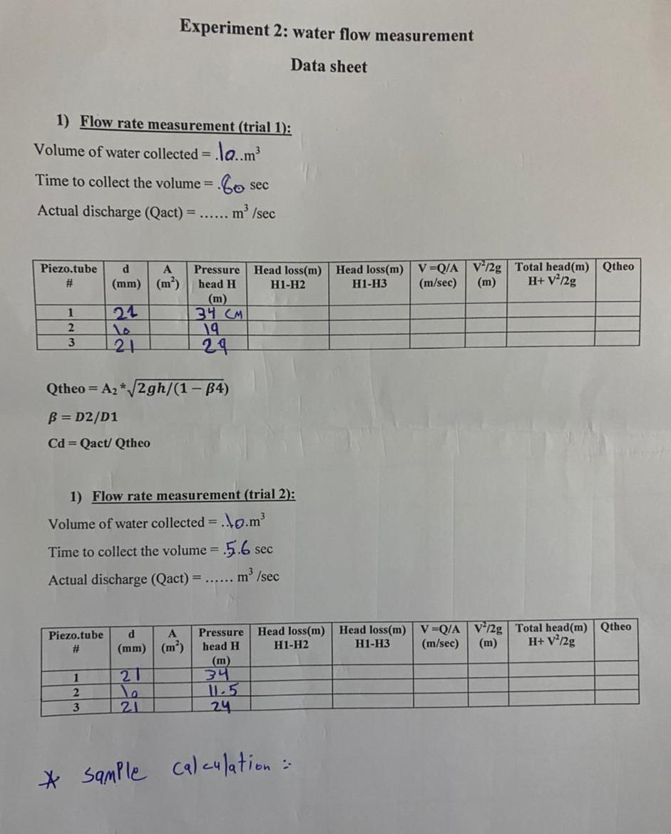 Solved Experiment 2: water flow measurement Data sheet = 1) | Chegg.com