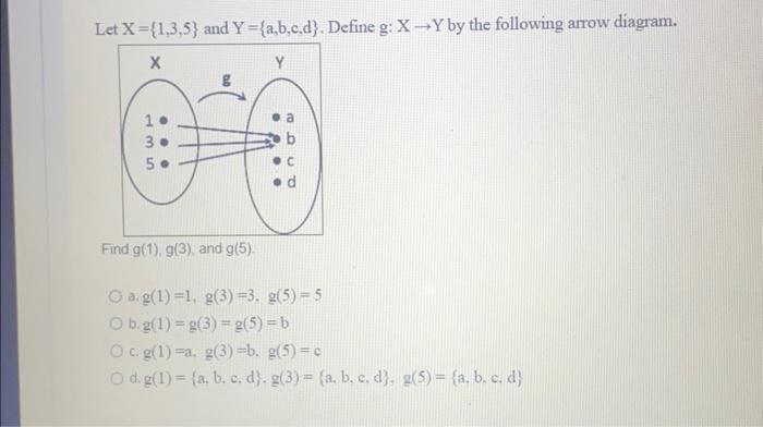 Solved Let X={1,3,5} and Y={a,b,c,d}. Define g:X→Y by the | Chegg.com