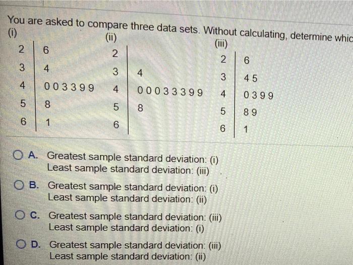 Solved CO You are asked to compare three data sets. Without | Chegg.com