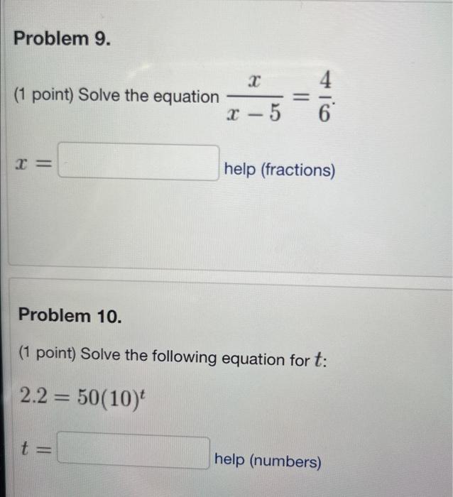 Solved Problem 9. (1 point) Solve the equation x−5x=64 x= | Chegg.com