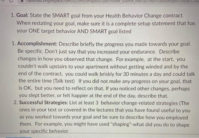 Solved 1. Goal: State the SMART goal from your Health | Chegg.com