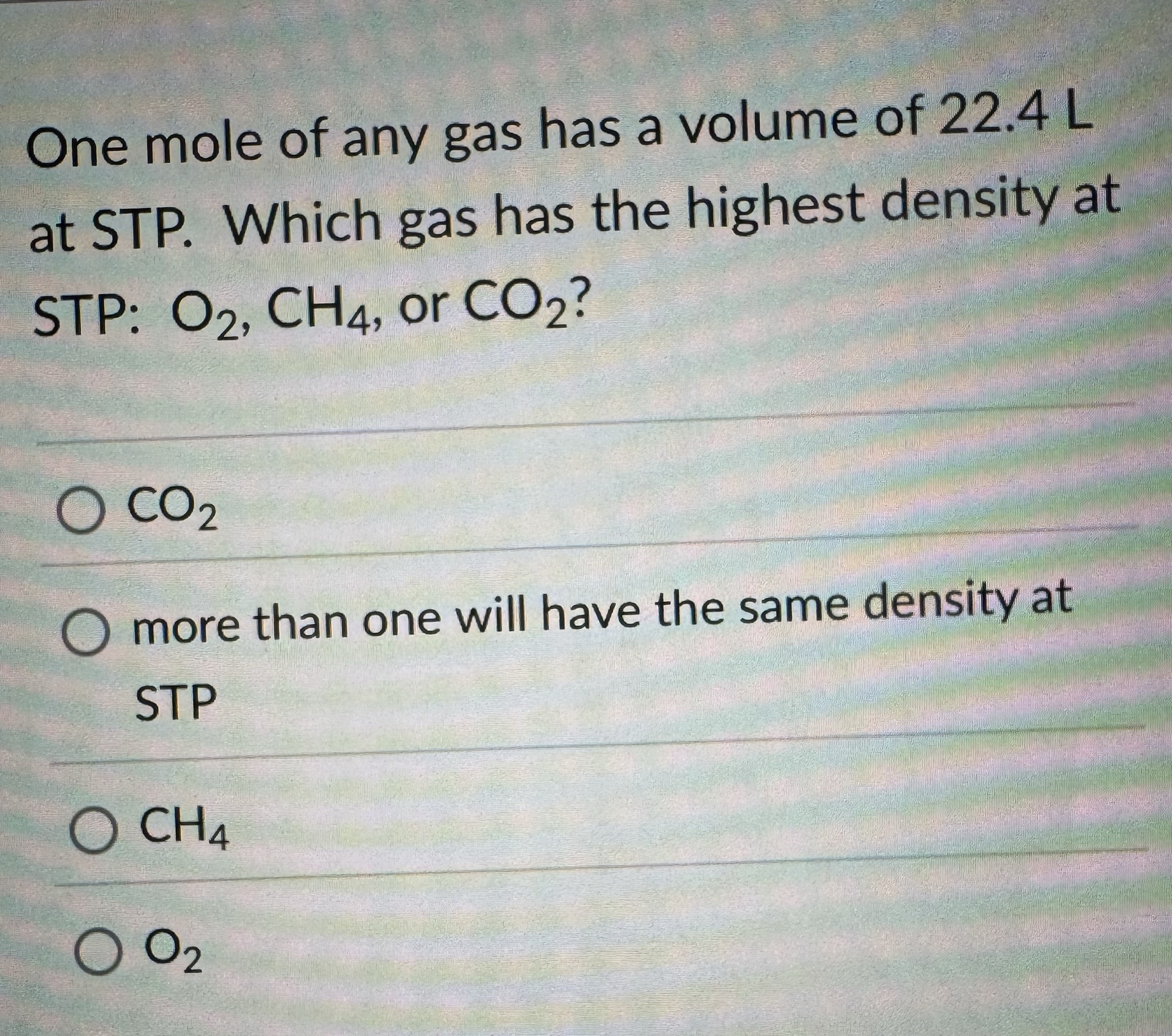 Solved One mole of any gas has a volume of 22.4 ﻿L at STP. | Chegg.com