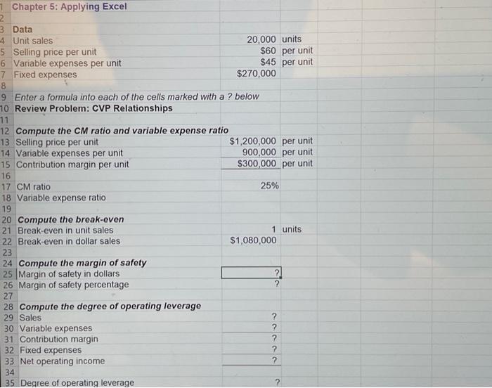 Solved Chapter 5: Applying Excel Enter a formula into each | Chegg.com