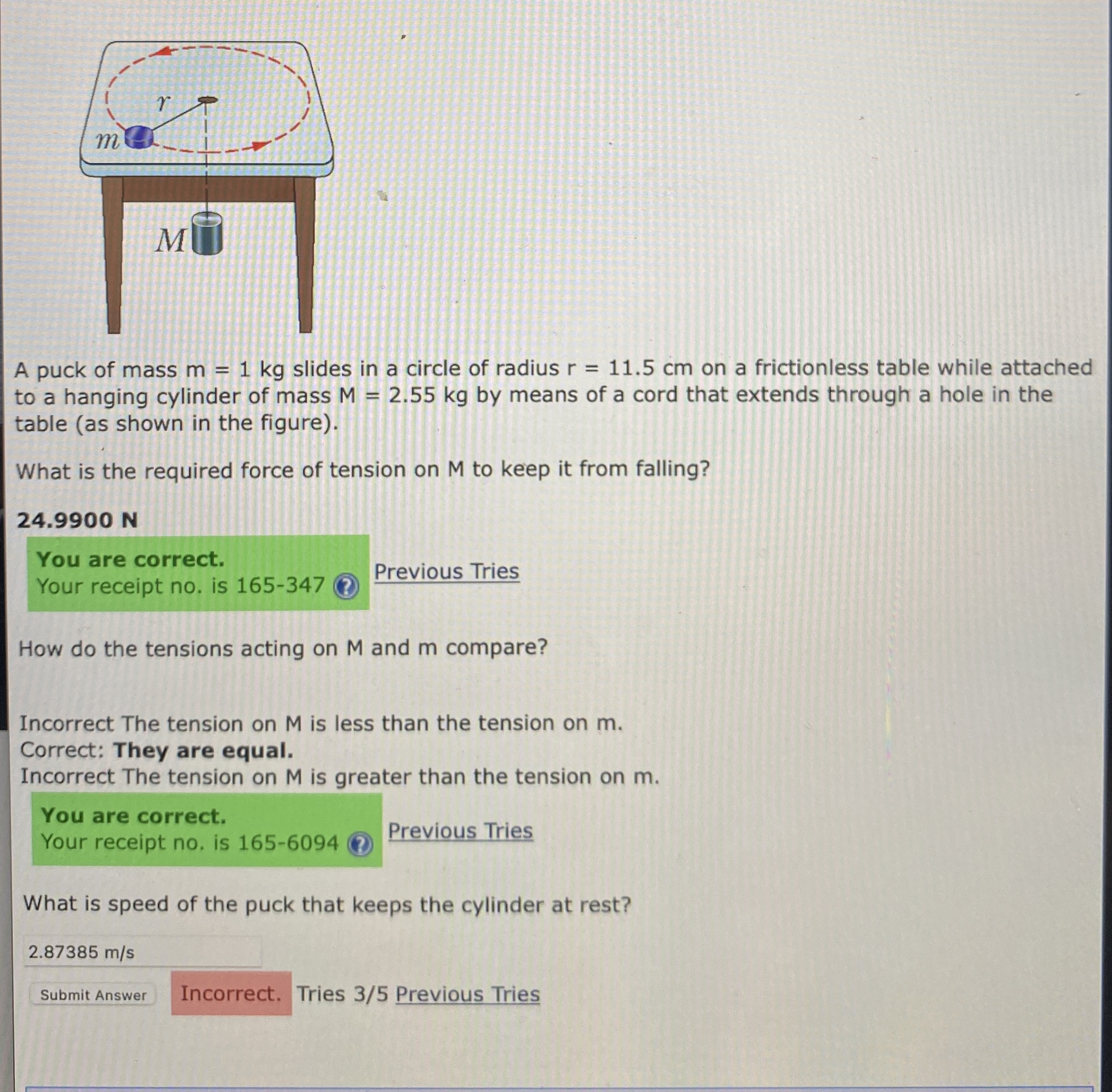 Solved A puck of mass m=1kg ﻿slides in a circle of radius | Chegg.com