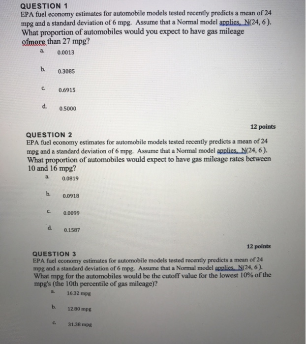 Solved QUESTION 1 EPA fuel economy estimates for automobile | Chegg.com