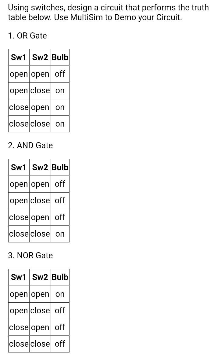 Solved Using switches, design a circuit that performs the | Chegg.com