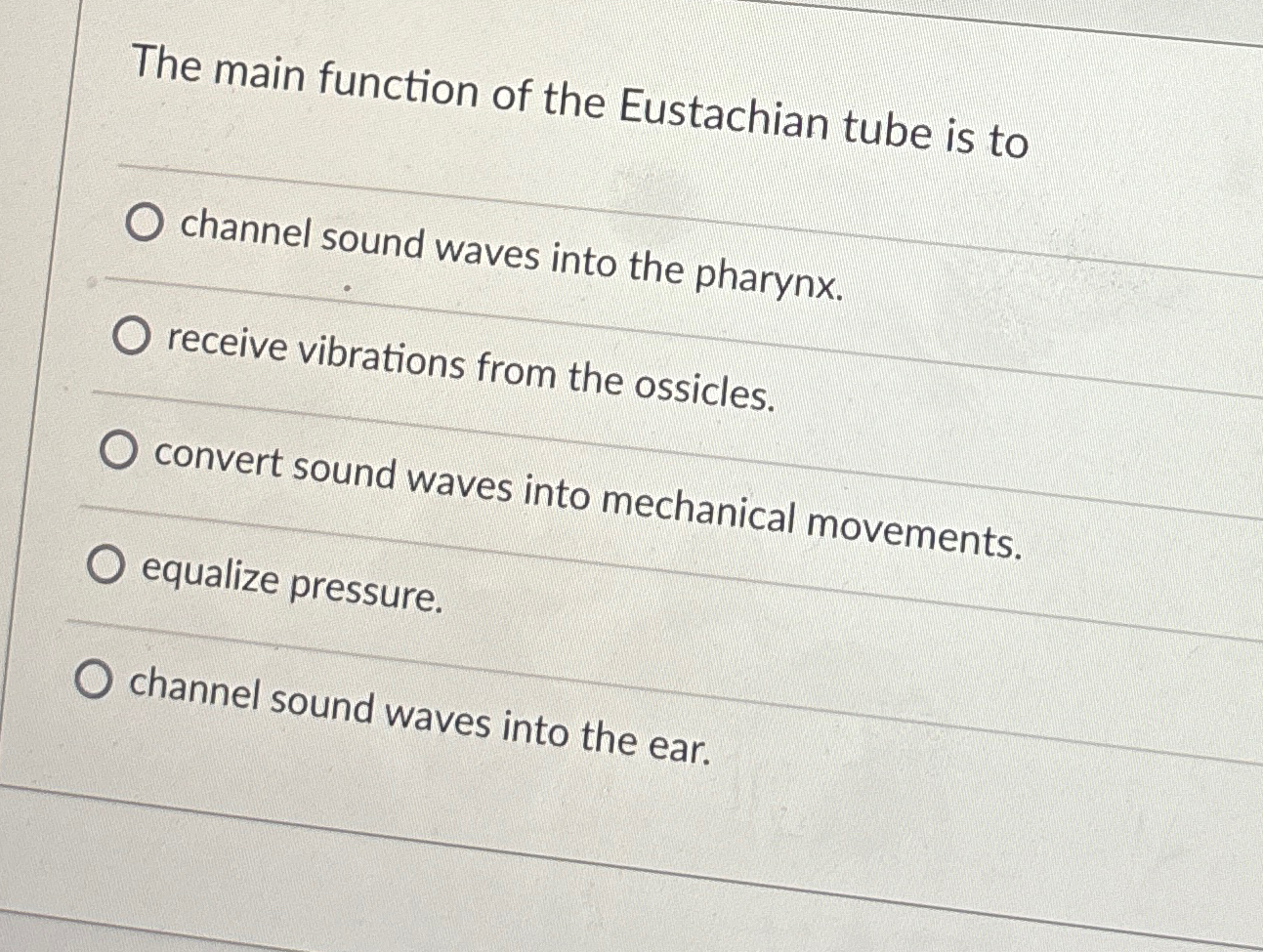 Solved The main function of the Eustachian tube is tochannel | Chegg.com