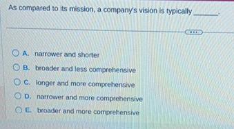 As compared to its mission, a company's vision is | Chegg.com