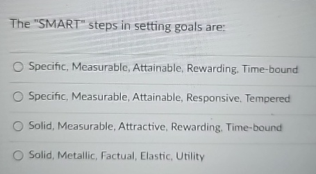 Solved The "SMART" steps in setting goals are:Specific, | Chegg.com