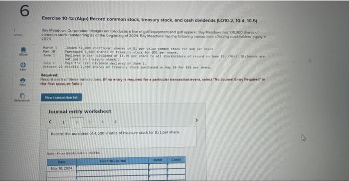 Solved Exercise 10−12 (Algo) Record common stock, treasury | Chegg.com