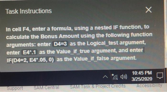 Solved Task Instructions X х X In cell F4, enter a formula, | Chegg.com Solved Task Instructions X х X In cell F4, enter a formula, | Chegg.com
