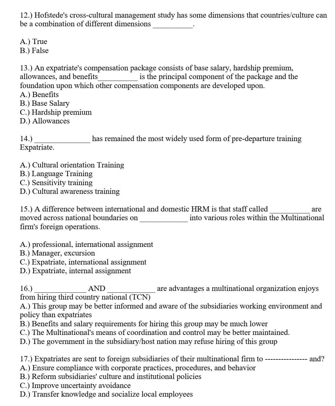 12.) Hofstede's cross-cultural management study has | Chegg.com