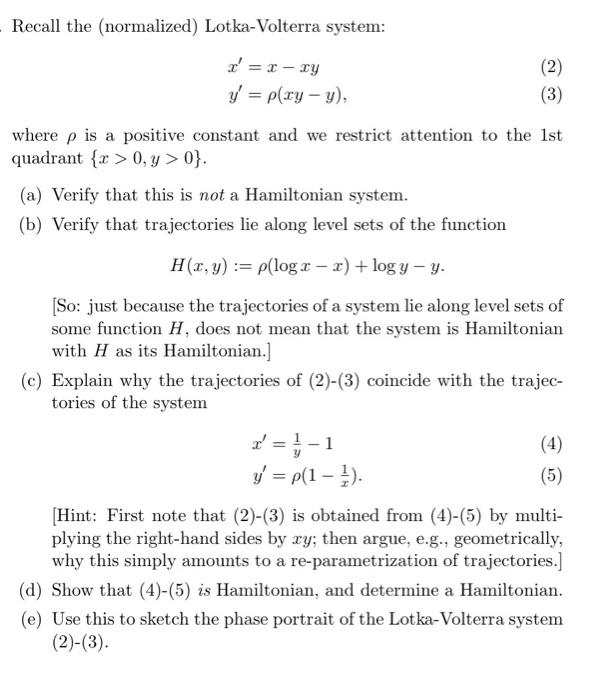 Recall the (normalized) Lotka-Volterra system: | Chegg.com