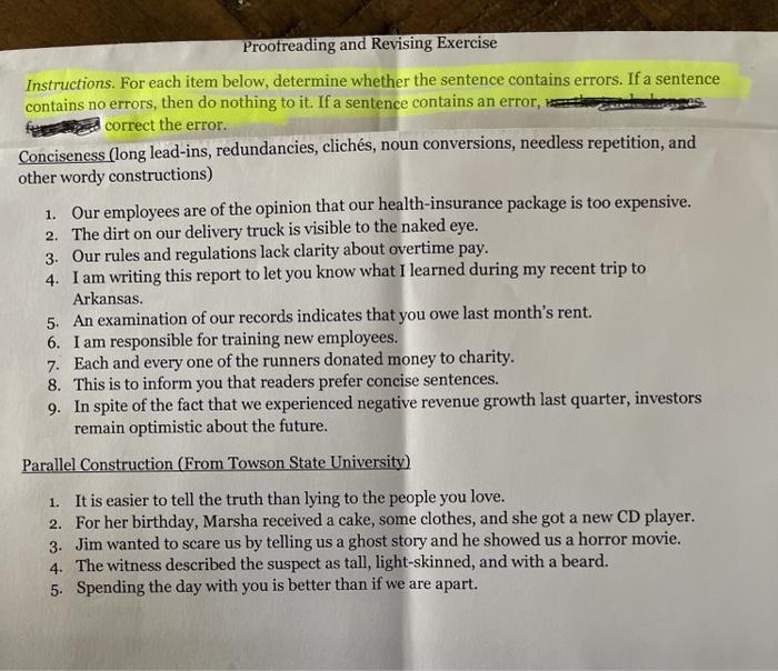 Solved Proofreading and Revising Exercise Instructions. For | Chegg.com
