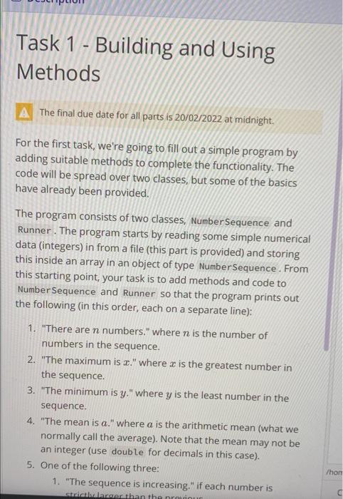 Solved Task 1 - Building and Using Methods A The final due | Chegg.com