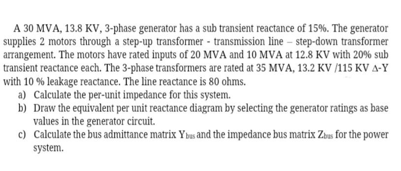 Solved A 30 MVA, 13.8 KV, 3-phase generator has a sub | Chegg.com