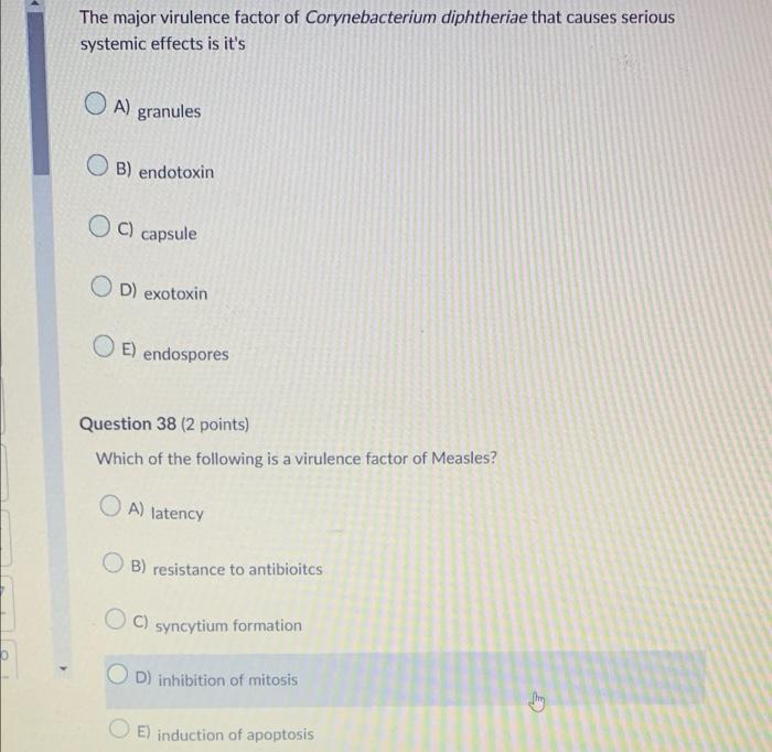 Solved The major virulence factor of Corynebacterium | Chegg.com