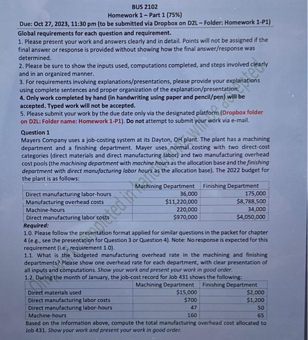 Solved BUS 2102 Homework 1 - Part 1 (75%) Due: Oct 27, 2023, | Chegg.com