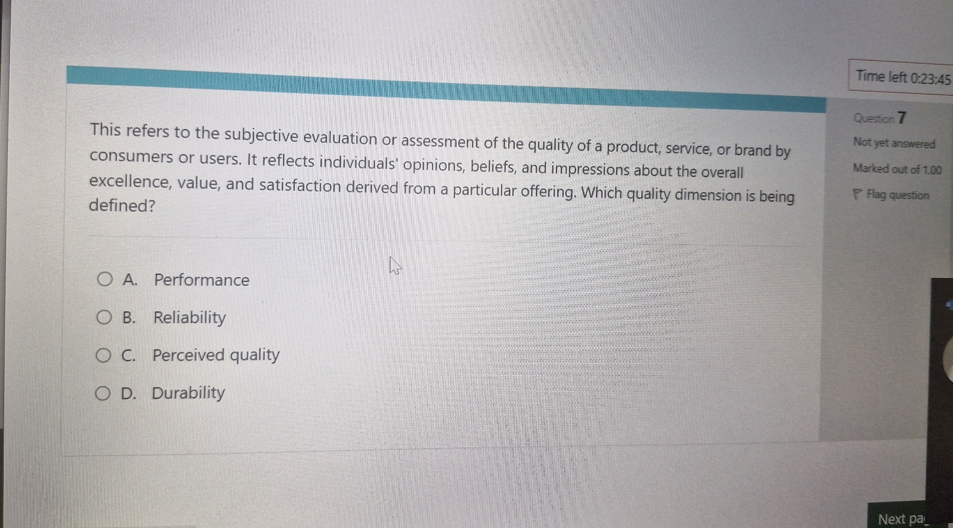 Solved Time left 0:23:45This refers to the subjective | Chegg.com
