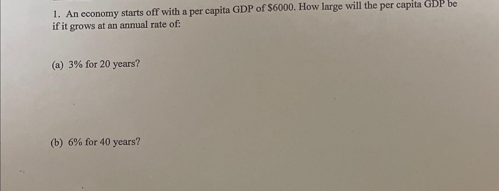 Solved An economy starts off with a per capita GDP of $6000. | Chegg.com