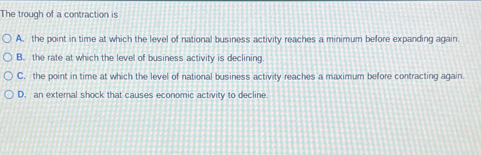 Solved The trough of a contraction isA. ﻿the point in time | Chegg.com