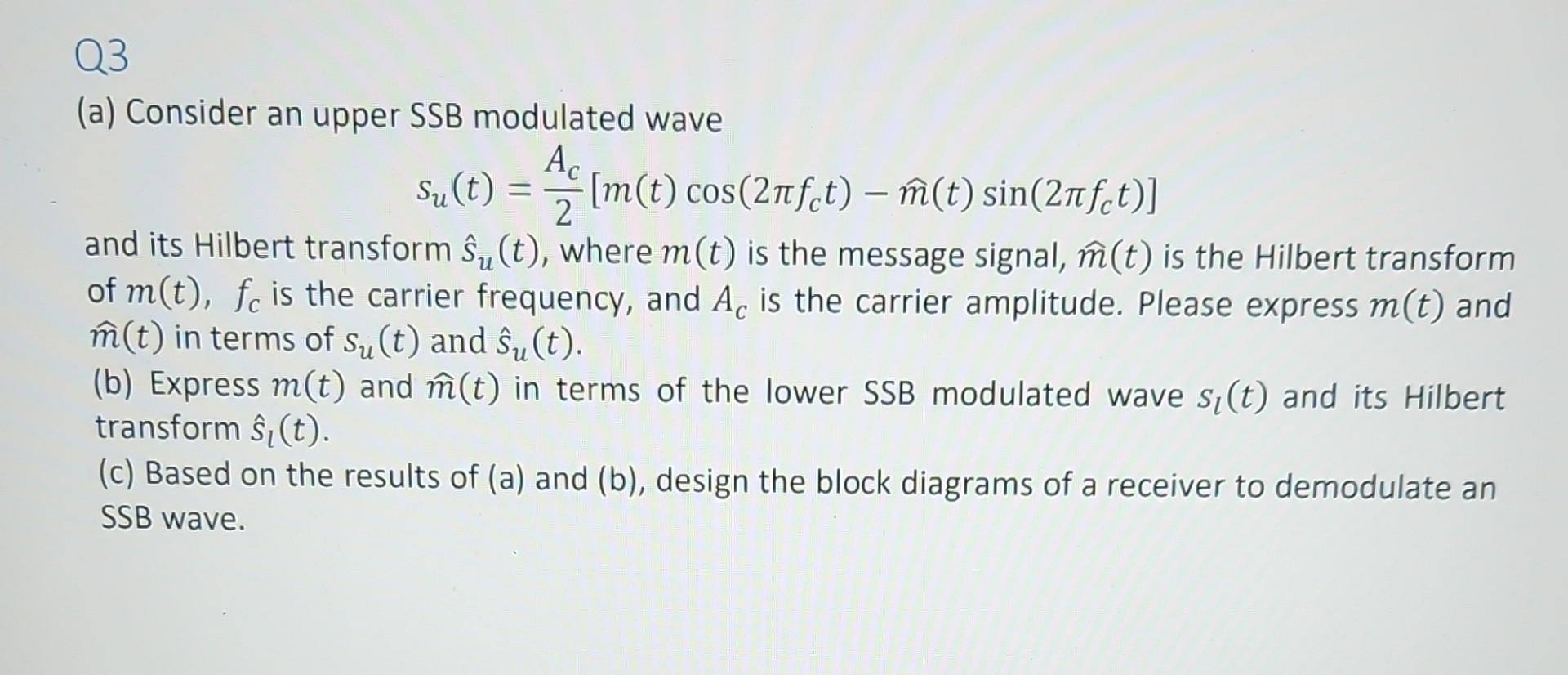Solved (a) Consider an upper SSB modulated wave | Chegg.com