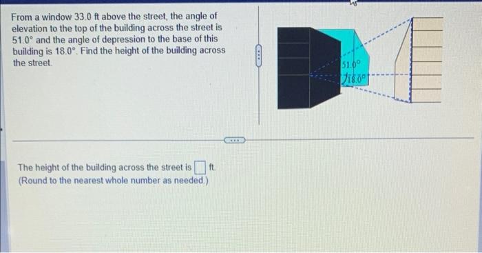 Solved From a window 33.0ft above the street, the angle of | Chegg.com