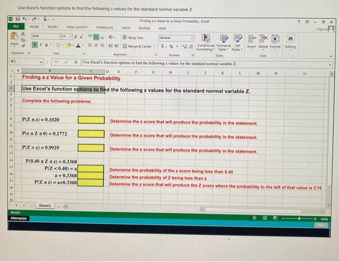 Solved Use Excel's function options to find the following z | Chegg.com